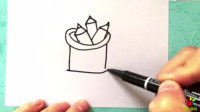 手绘简笔画,装着慢慢文具的笔筒
