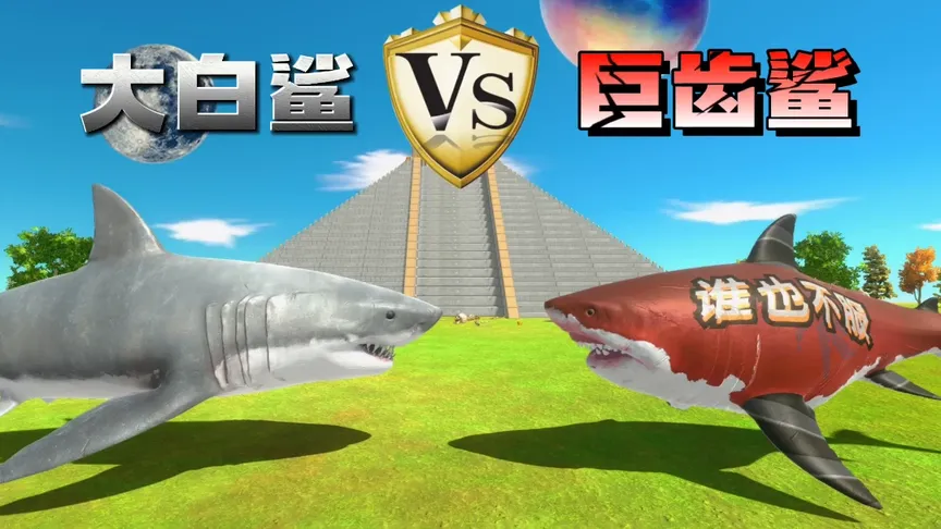 大白鲨VS巨齿鲨,动物战争模拟。