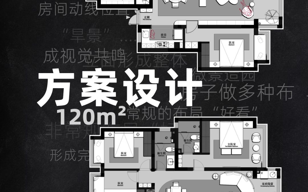| 方案思路 | 家装120m²户型的2种不同布局,“微景造园+动静分区”;...