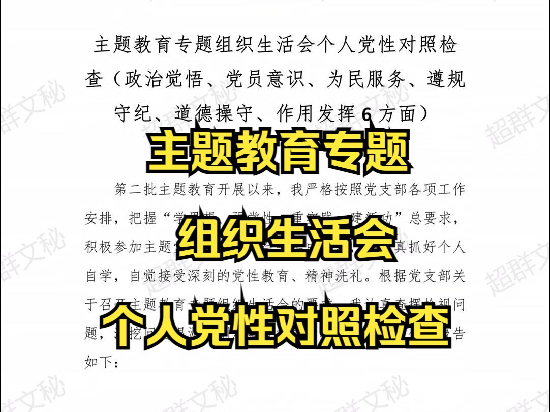 主题教育专题组织生活会个人党性对照检查(政治觉悟、党员意识、...