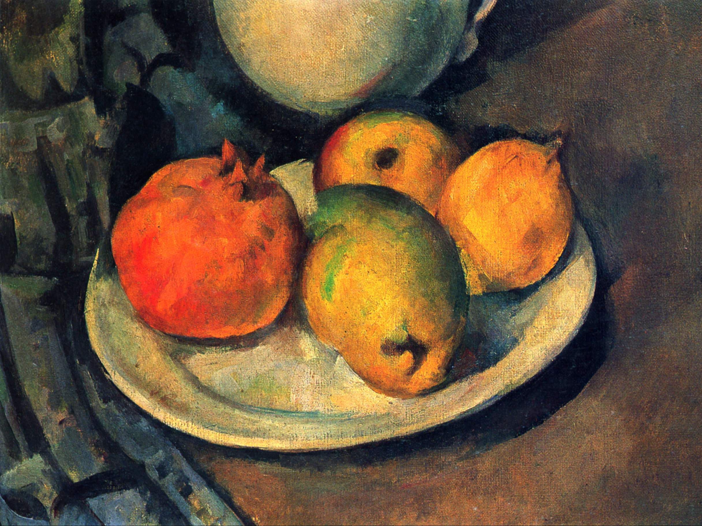 塞尚油画静物« 盘子上的石榴和梨»的绘画过程,临摹印象派风格绘画...