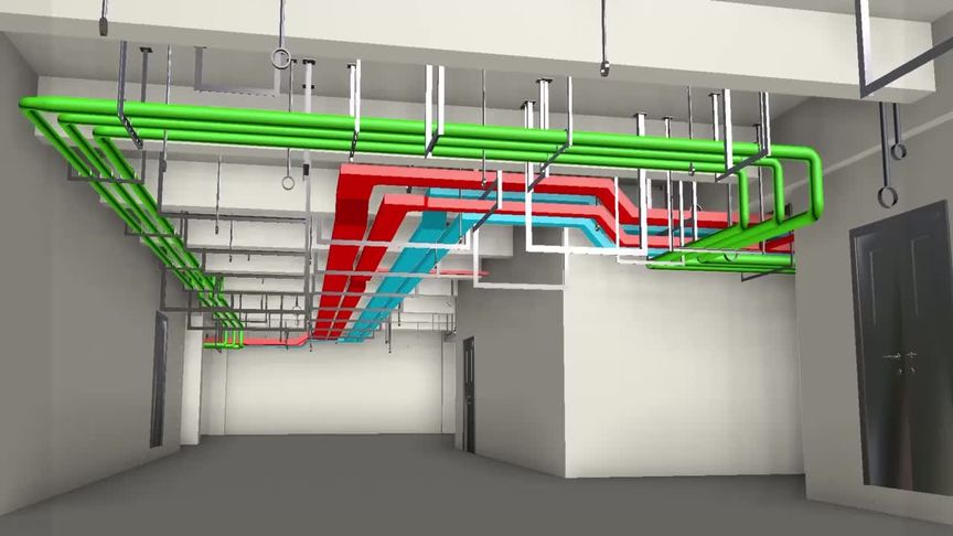 BIM机电管线复杂区域消防管道施工模拟可视化动画#我要上热门