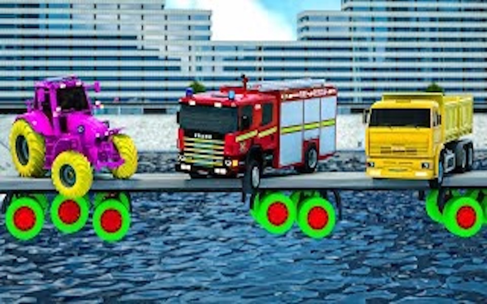 消防车 Frank、Kamaz 和 Traktor 卡在一座大桥上 玩具和颜色