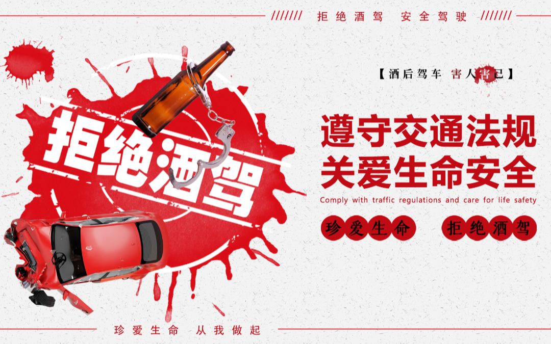 简约卡通插画拒绝酒驾遵守交通法规关爱生命安全ppt