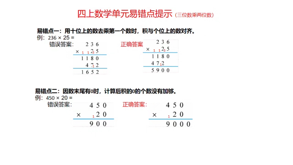 四年级上册数学 三位数乘两位数的易错知识