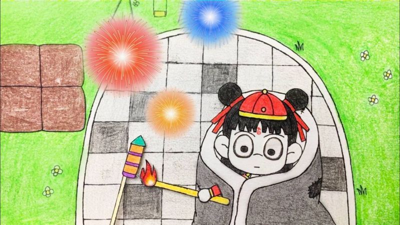 手绘定格动画:小哪吒过新年,糖果坚果零食吃不停