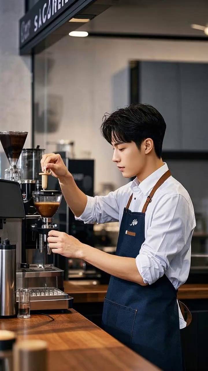咖啡师专注操作咖啡机的画面