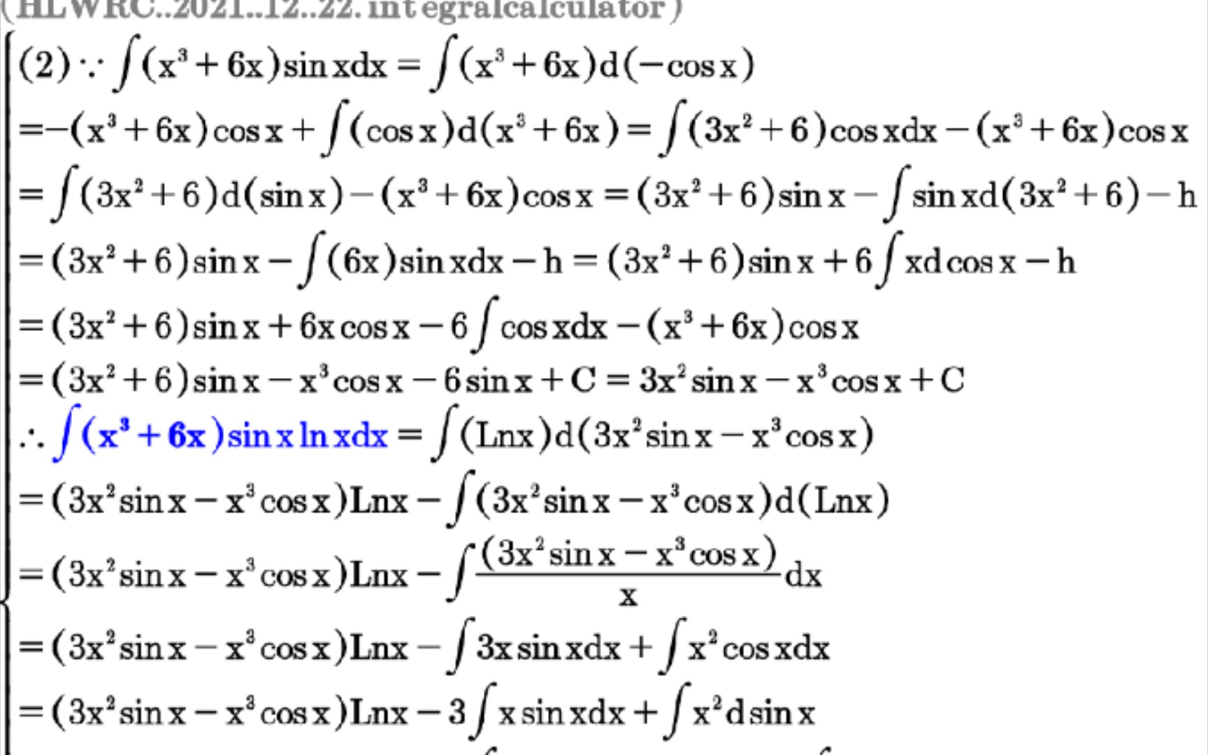 ...法求解不定积分∫(x³+6x)sinxLnxdx;微积分calculus,mathmagiclite。