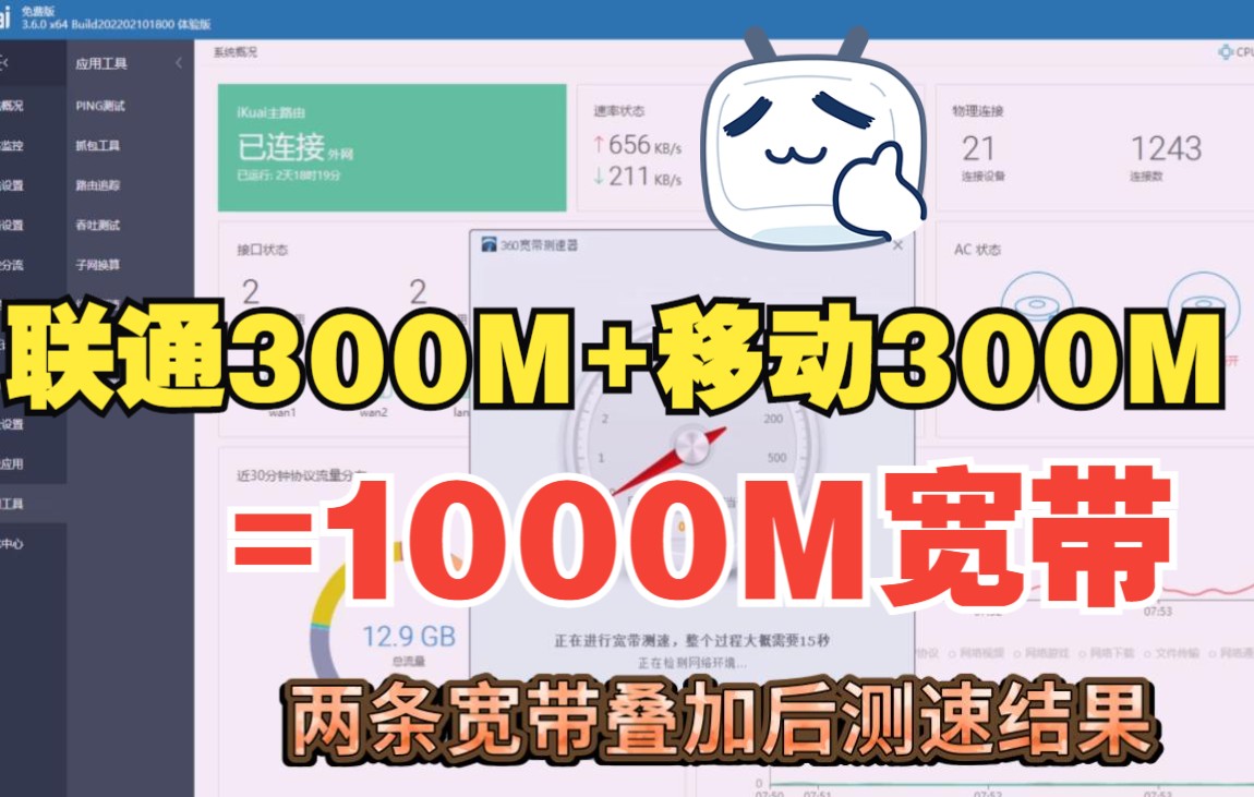 移动300M+联通300M双线宽带叠加到1000M