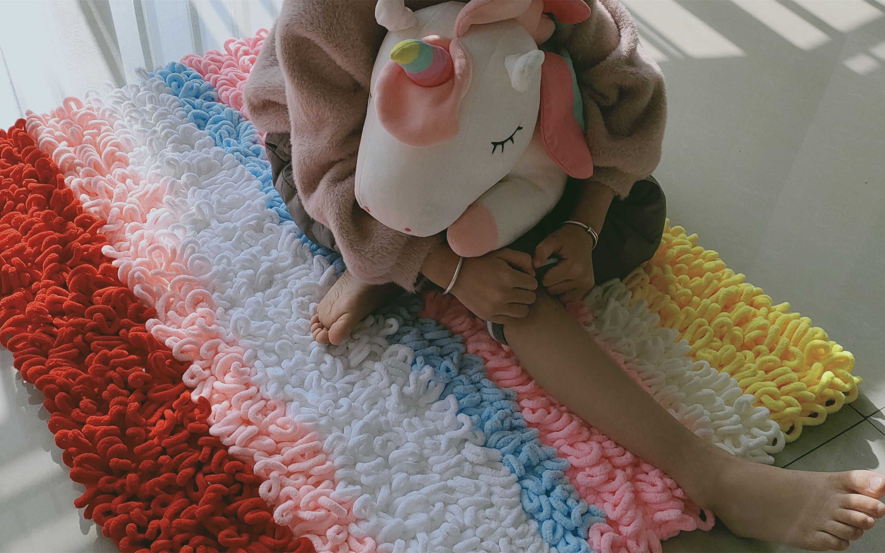 毛线编织 超实用大气美观的彩虹毯 结实柔软,能做脚垫,沙发垫,车垫等