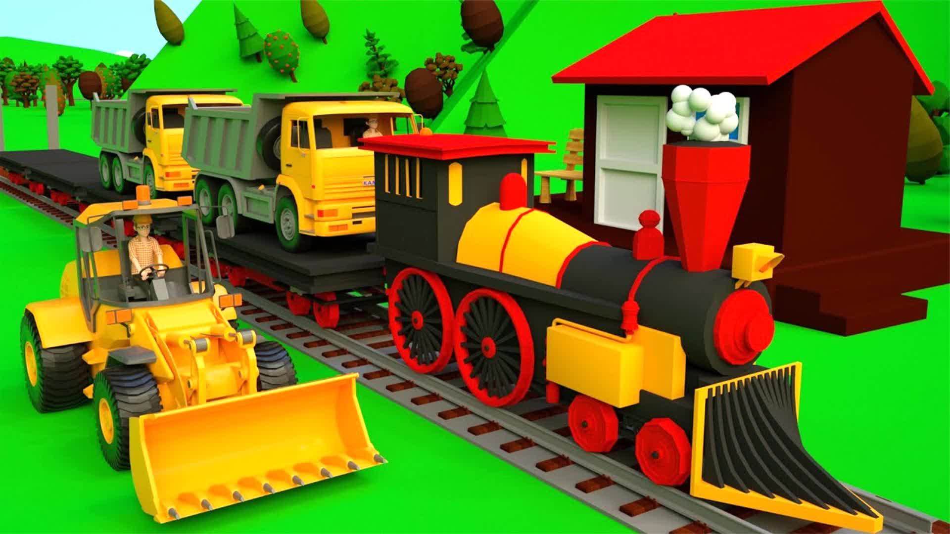 挖掘机和工程车帮助小火车修建铁路和车站,工程车视频表演动画