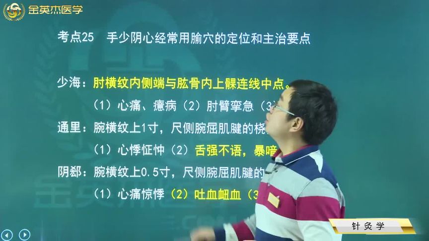 手少阴心经:少海、通里、阴郄、神门4个穴位的位置跟治疗的病症