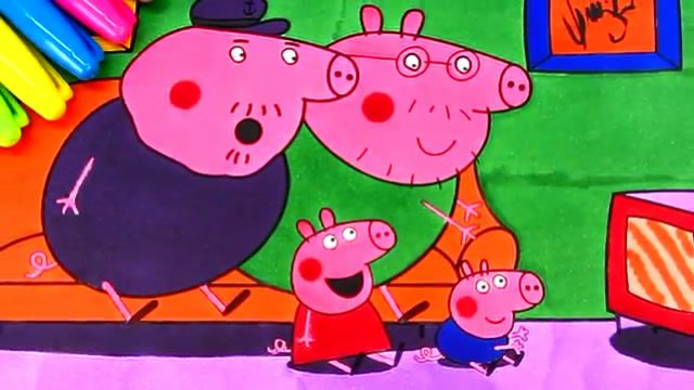 儿童简笔画:小猪佩奇一家四口看电视