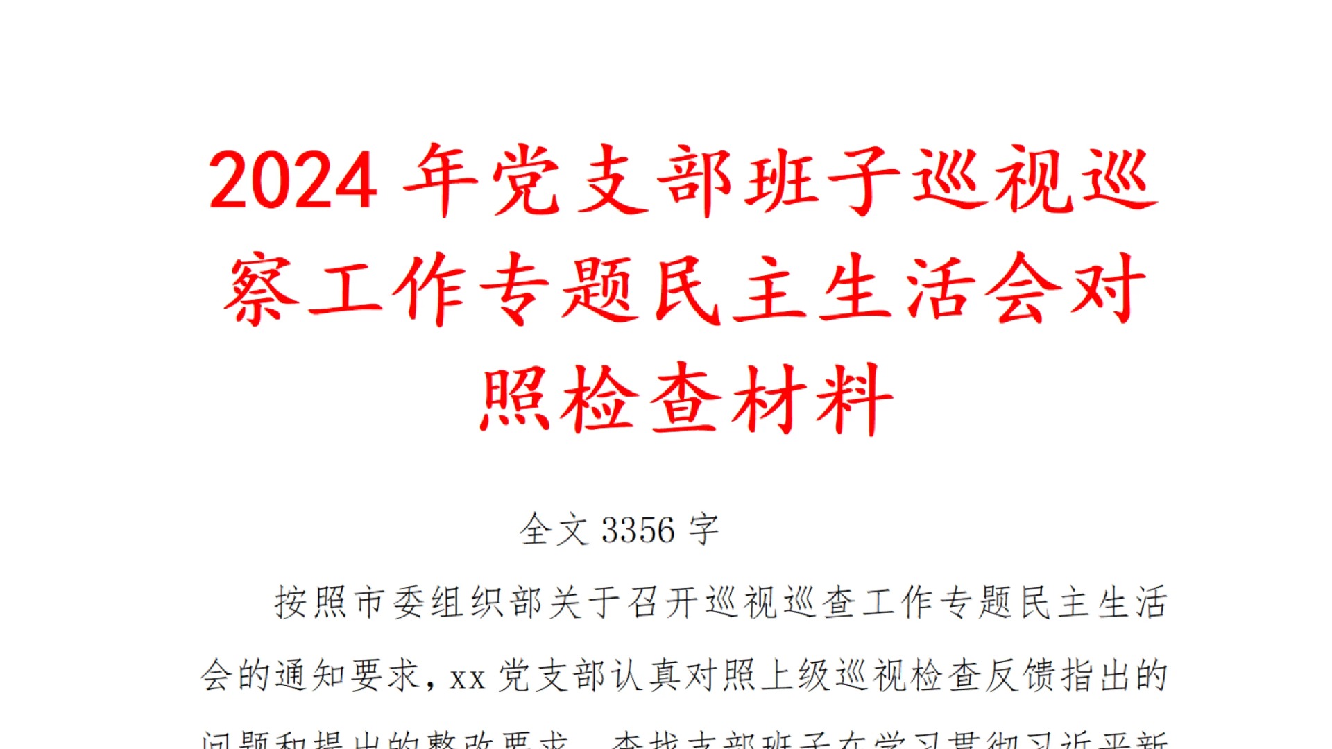 2024年 党支部 班子 巡视 巡察 工作 专题 民主生活会 对照 检查 材料