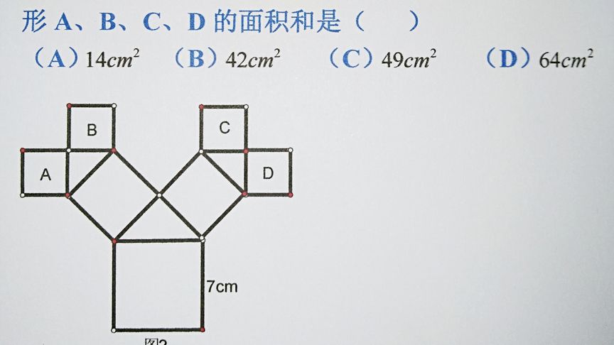 四个正方形A、B、C、D的面积之和是多少?这样简单有人就是看不懂