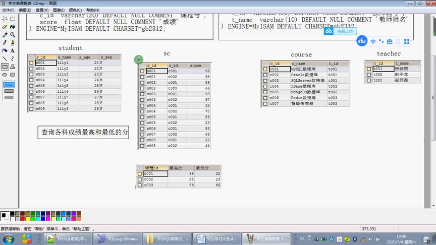 SQL语言-24:学生表课程表-统计最高分最低分