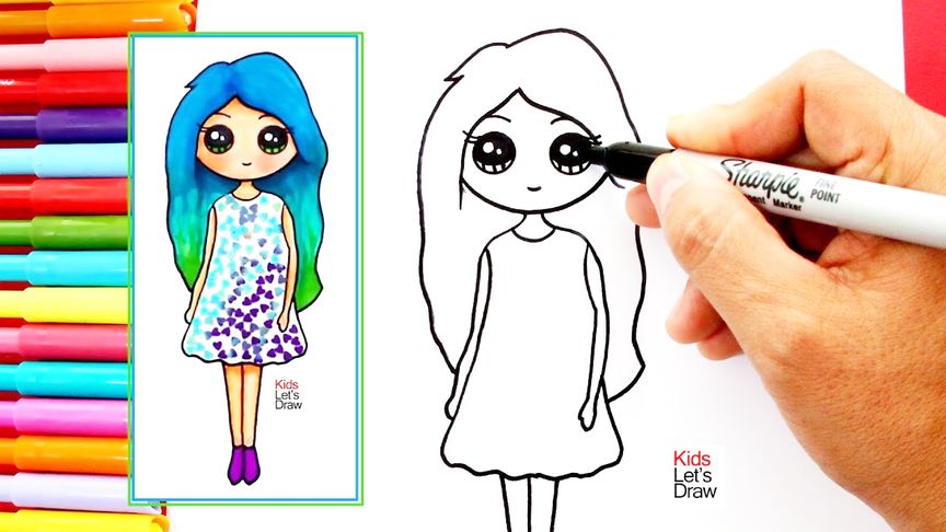 用简笔画画一个长发女孩,涂上色之后太美了,绘画教程