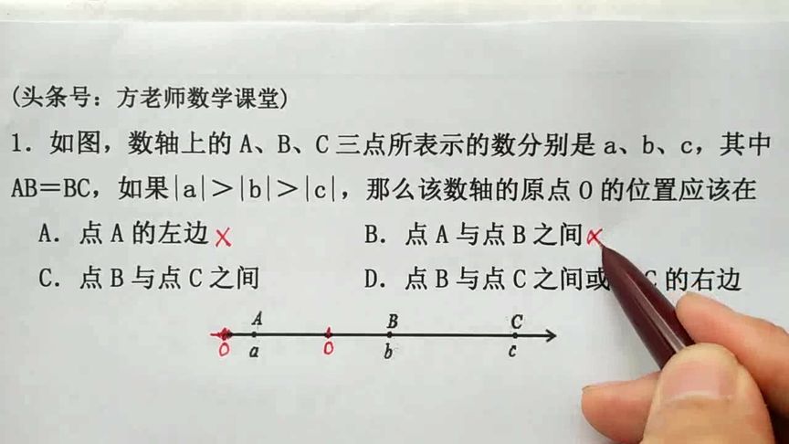 数学7上:数轴上ABC三点,若|a|>|b|>|c|,求原点位置在哪里?