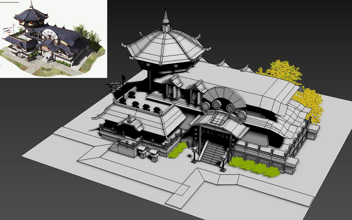 ...建模】简单房屋“书院”场景建模全流程,带瓦片效果建筑物模型制作~