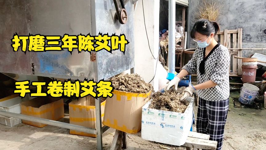 欣欣家手工纯艾条的制作流程:打磨三年陈艾叶 提取艾绒 手卷艾条