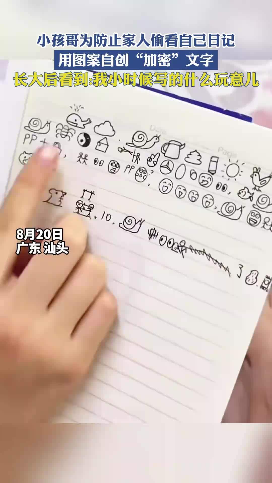 小孩哥为防止家人偷看自己日记,用图案自创“加密”文字。