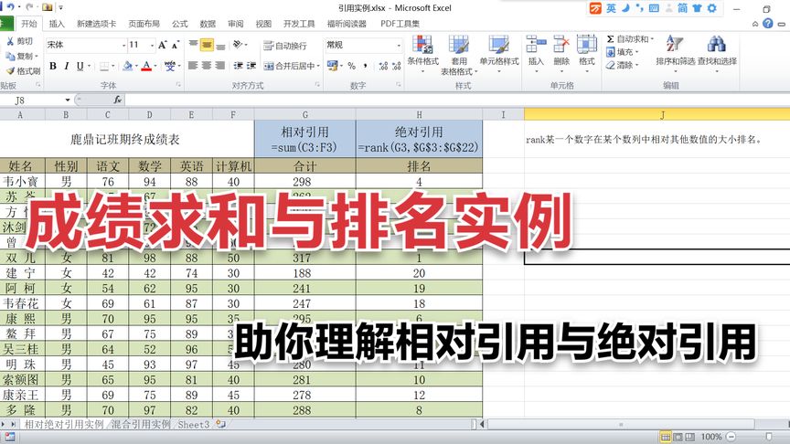 数据排名,你是怎么排的?--以成绩求和与排名为例理解引用方式。