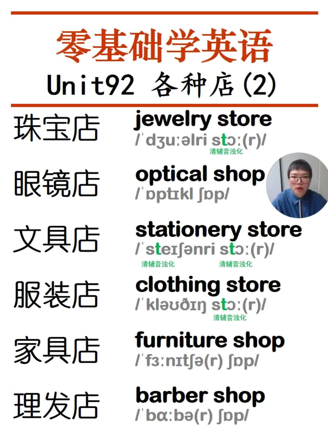 各种店英语单词珠宝店眼镜店文具店服装店家具店理发店英语单词