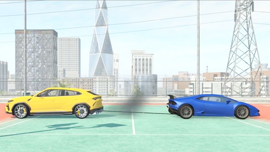 BeamNG:拔河竞技比赛,兰博基尼越野车vs动力跑车,拟真车祸模拟