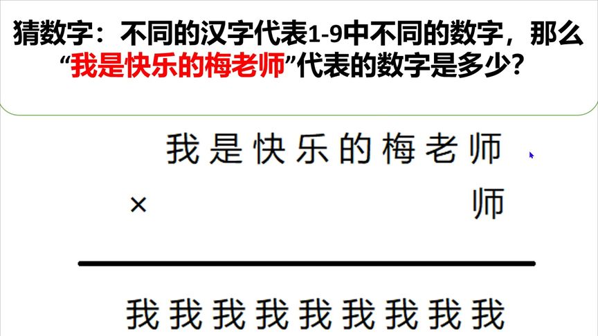 数字谜:你能猜出“我是快乐的梅老师”代表的数字是多少吗?