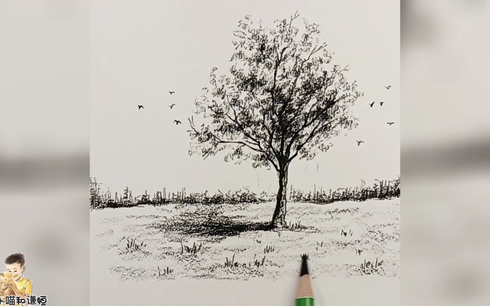 【素描风景教程】教你画树(2)枝叶松散的树画时要注意疏密,依然要画...
