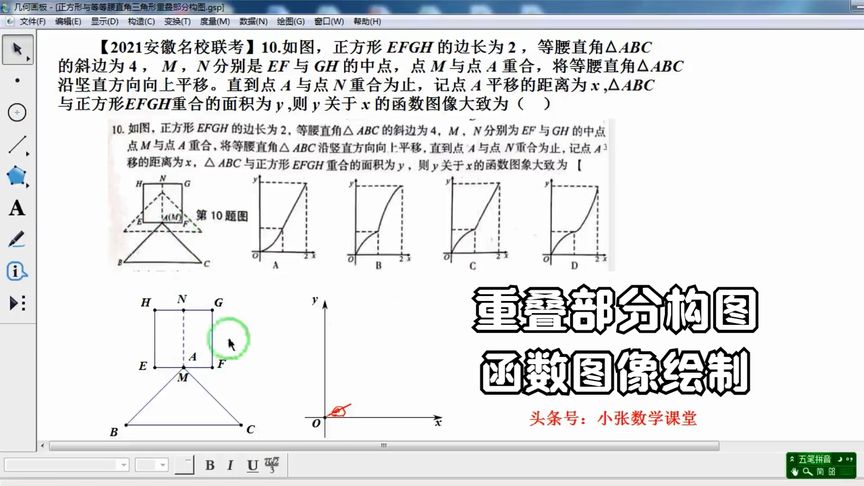 几何画板课件制作2021安徽名校联考正方形与等腰RT⊿重叠部分构图