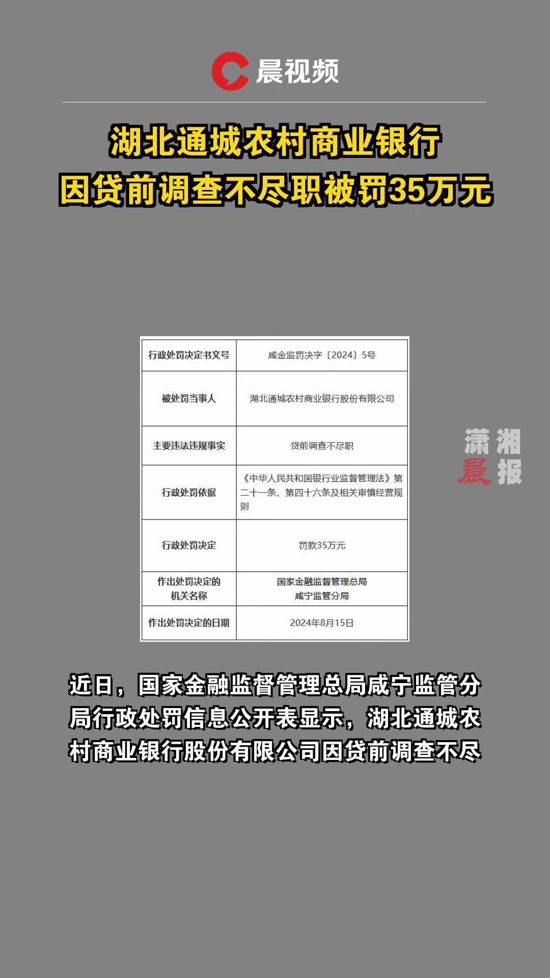 湖北通城农村商业银行因贷前调查不尽职被罚35万元