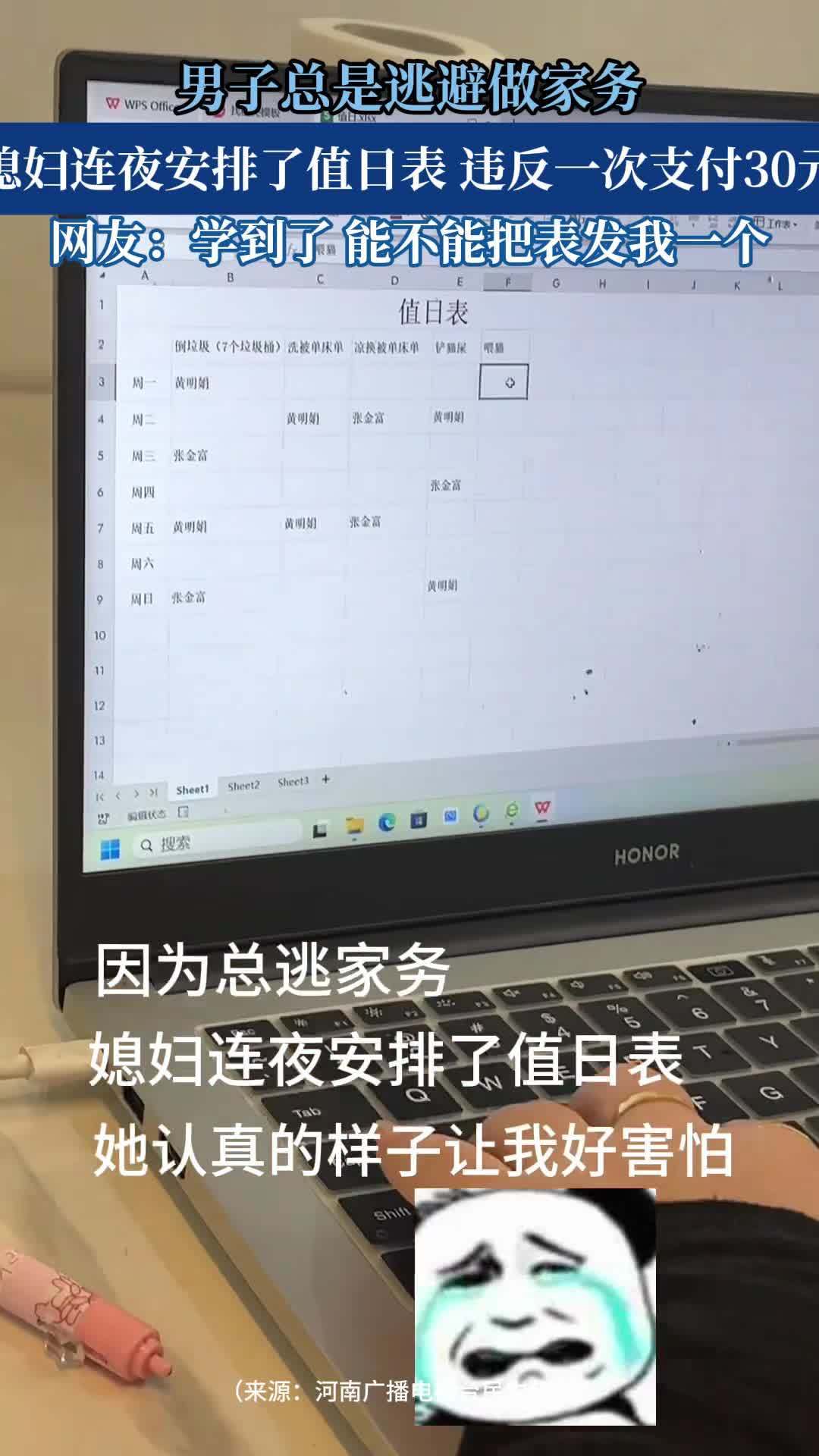 男子总是逃避做家务媳妇连夜安排了值日表 违反一次支付30元