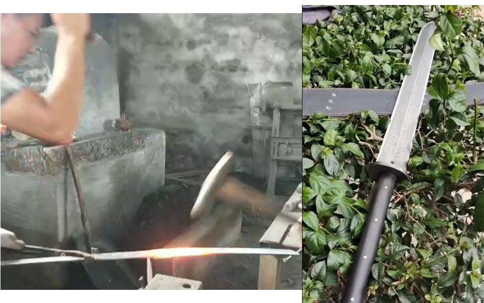 户撒刀名匠杨茂芳纯手工锻打花纹钢长柄剑!百炼花纹钢手工锻打局部...