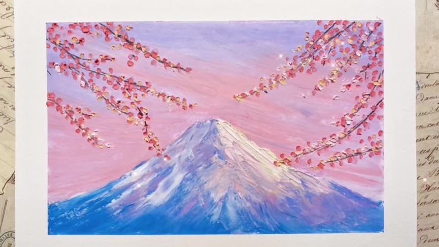 油画棒(教程➕色号)|樱花树下的富士山 材料:高尔乐油画棒