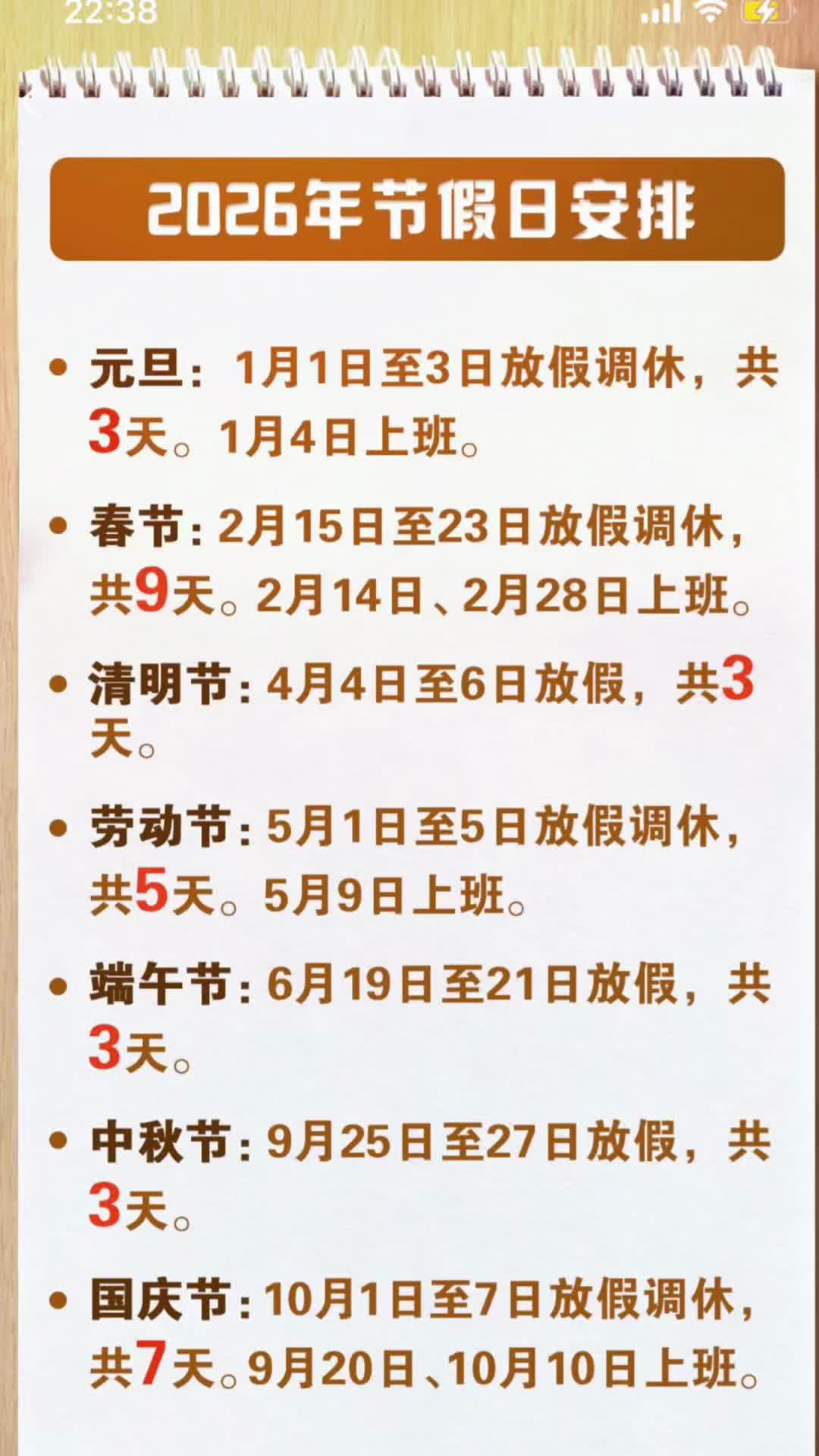 春节连休9天!2026年放假安排来了 2026年元旦、春节、清明节、劳动...