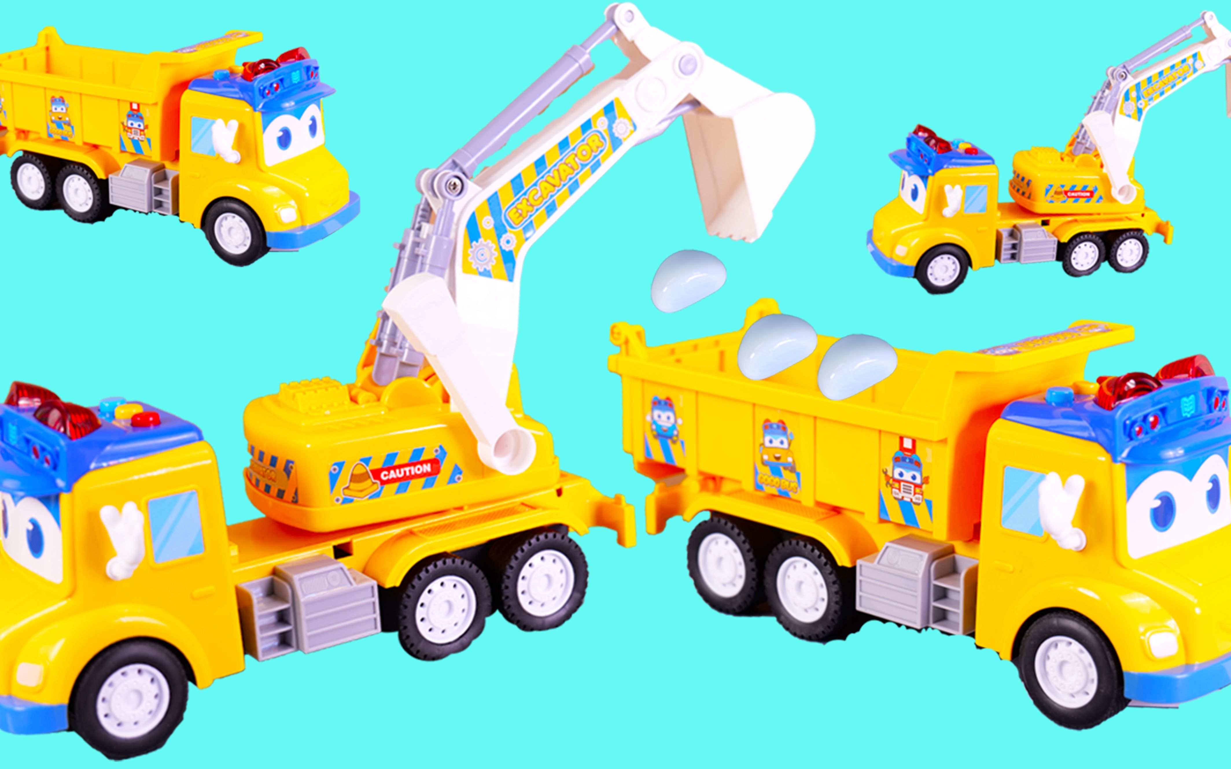 百变校巴工程车解决石头堵住道路问题的儿童玩具故事