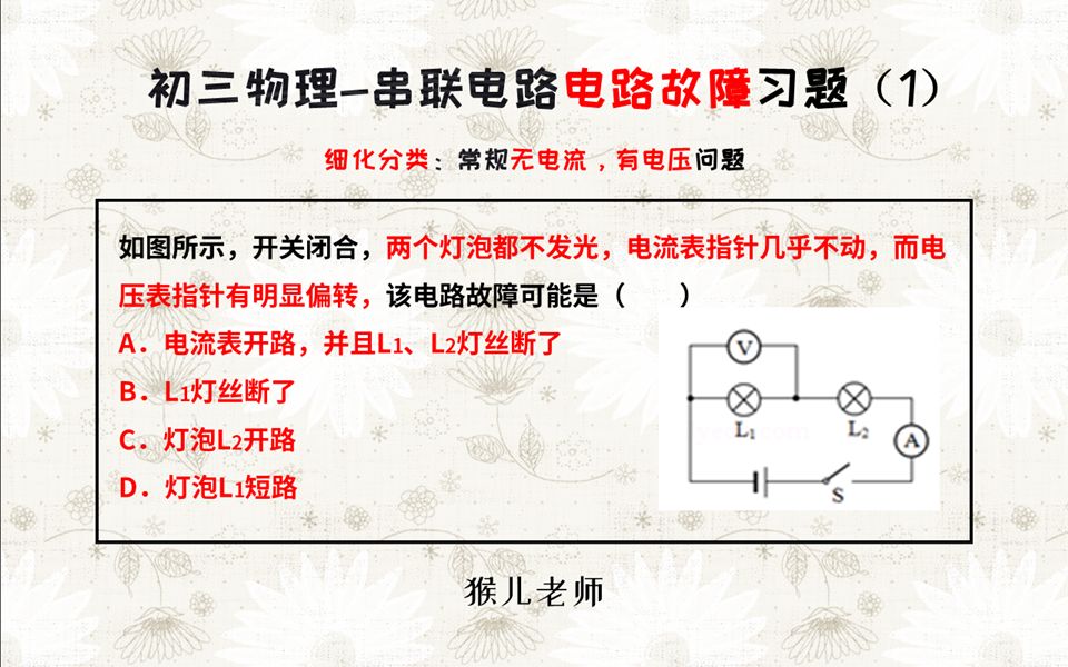 ...初中物理】粉丝提问:电路故障怎么看?串联电路第1类,无电流有电压...