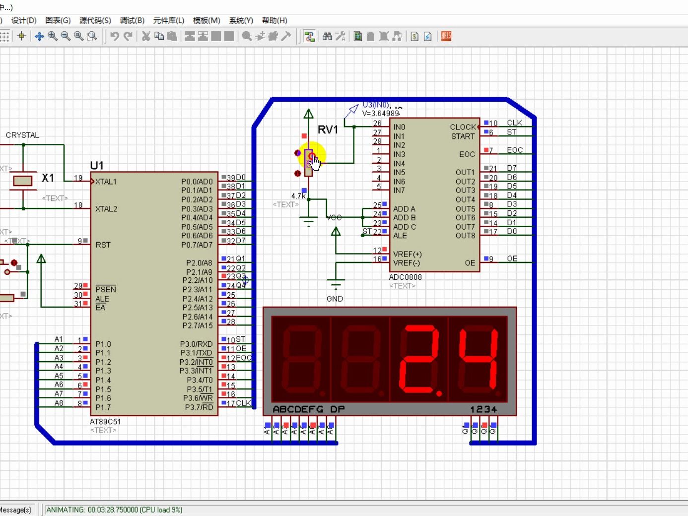 ...、ADC0808、滑动变阻器和数码管,使数码管输出滑动变阻器的电压...