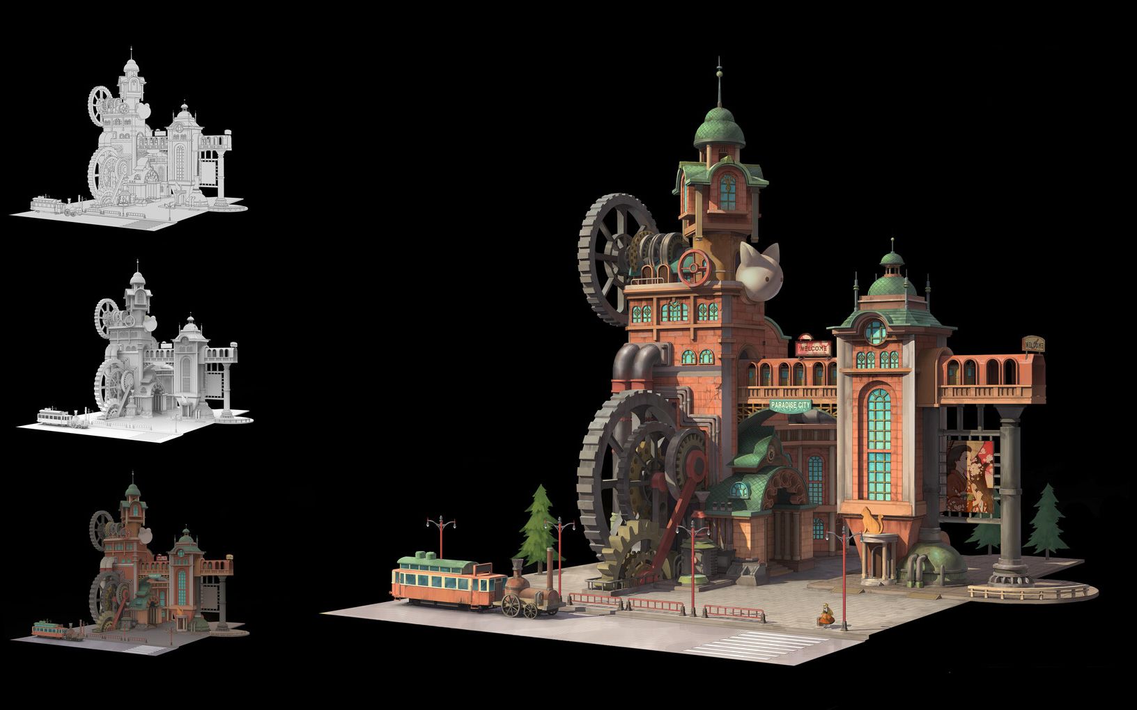 3Dmax场景建模——游戏大场景欧式建模房子建模