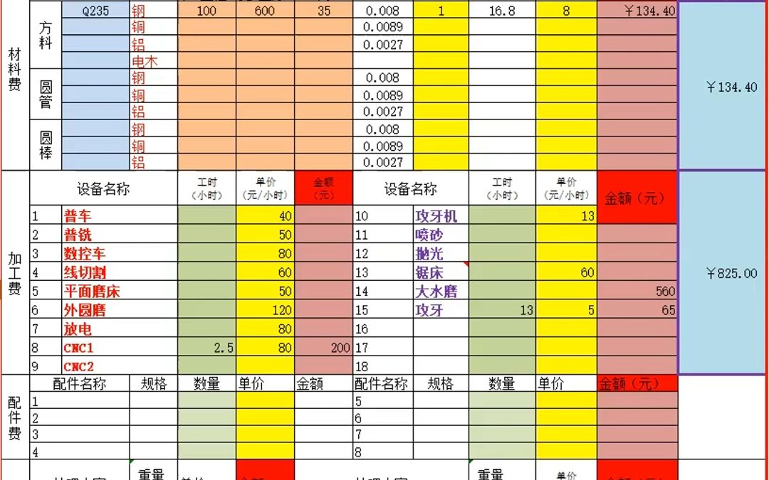 一张表格搞定机加工报价!