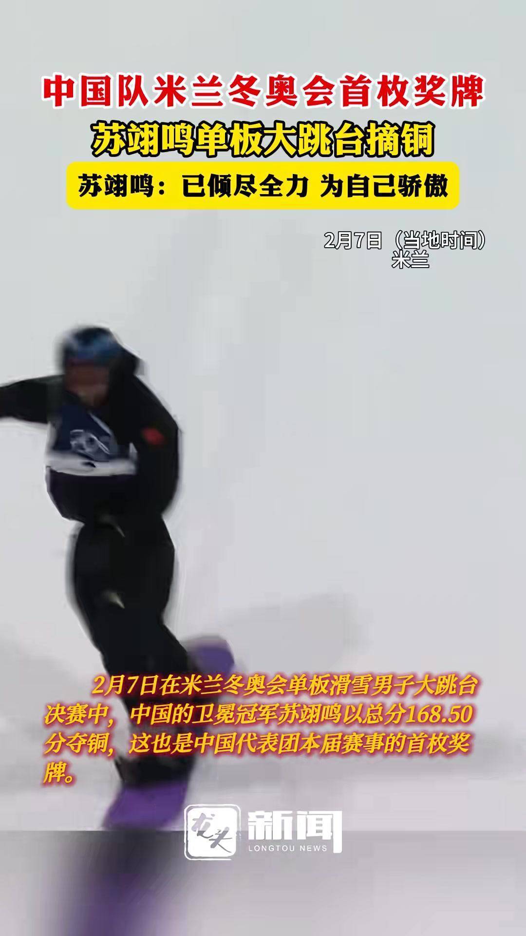 #中国队米兰冬奥会首枚奖牌#苏翊鸣单板大跳台摘铜苏翊鸣:已倾尽...