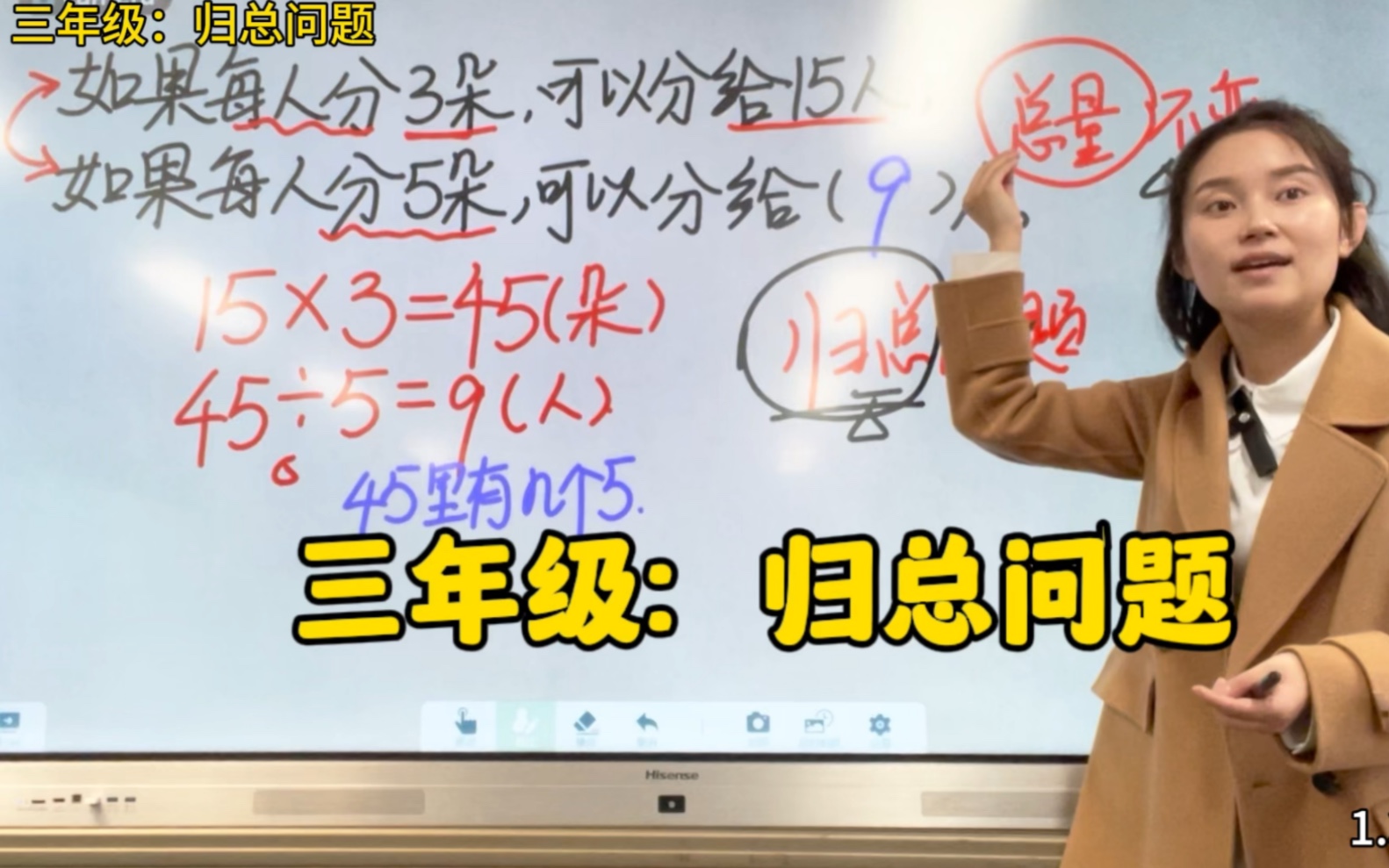 三年级:归总问题。每人分3朵,可以分给15人,每人分5朵呢,可以分给几...