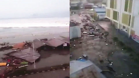 印尼7.7级地震引发海啸 实拍房屋瞬间被卷走