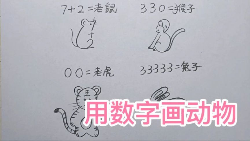 简笔画,用数字画动物,老鼠,猴子,老虎,兔子