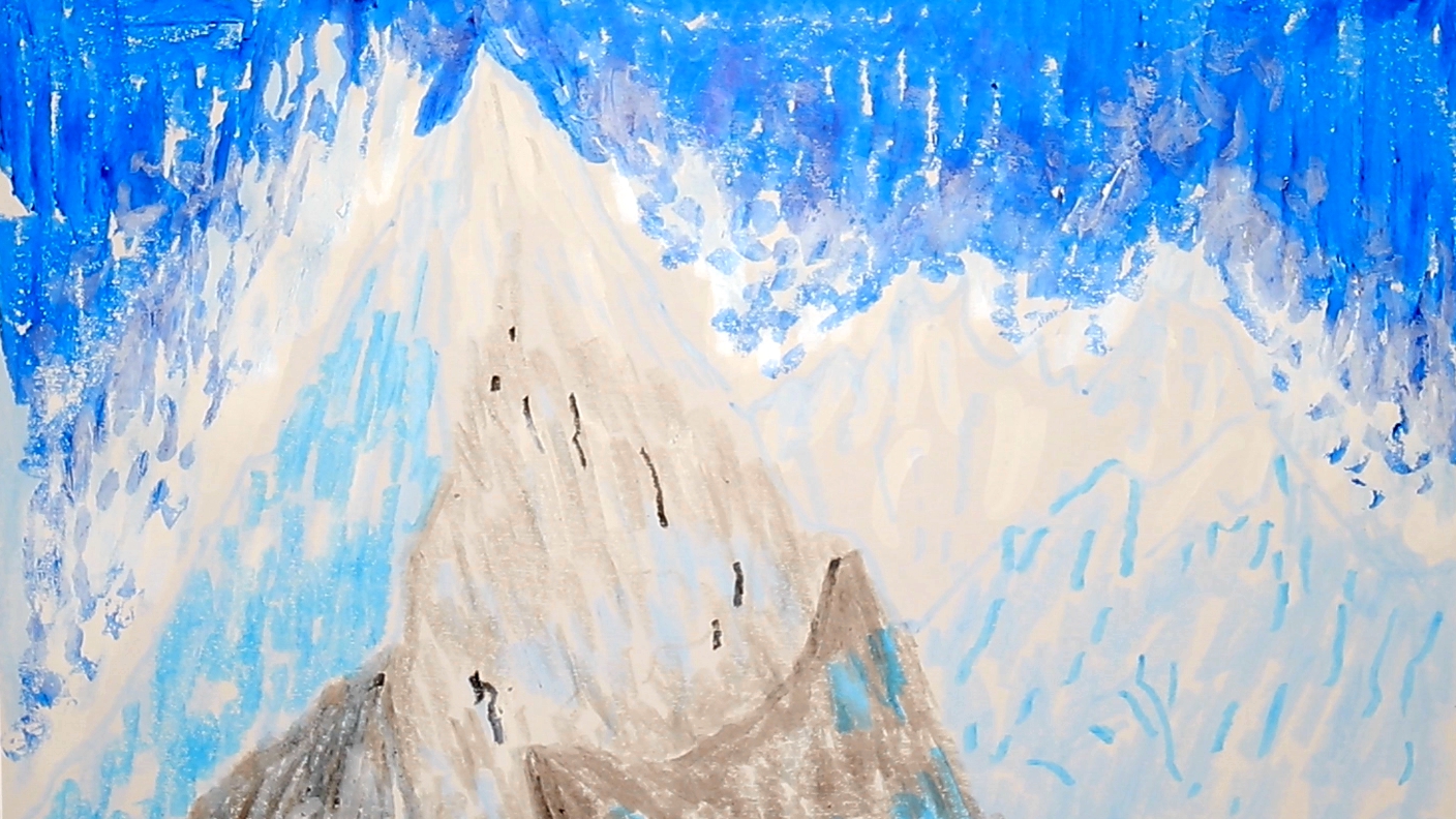 教小朋友用普通的油画棒来画巍峨雄伟的大雪山,高鳍红剑作品