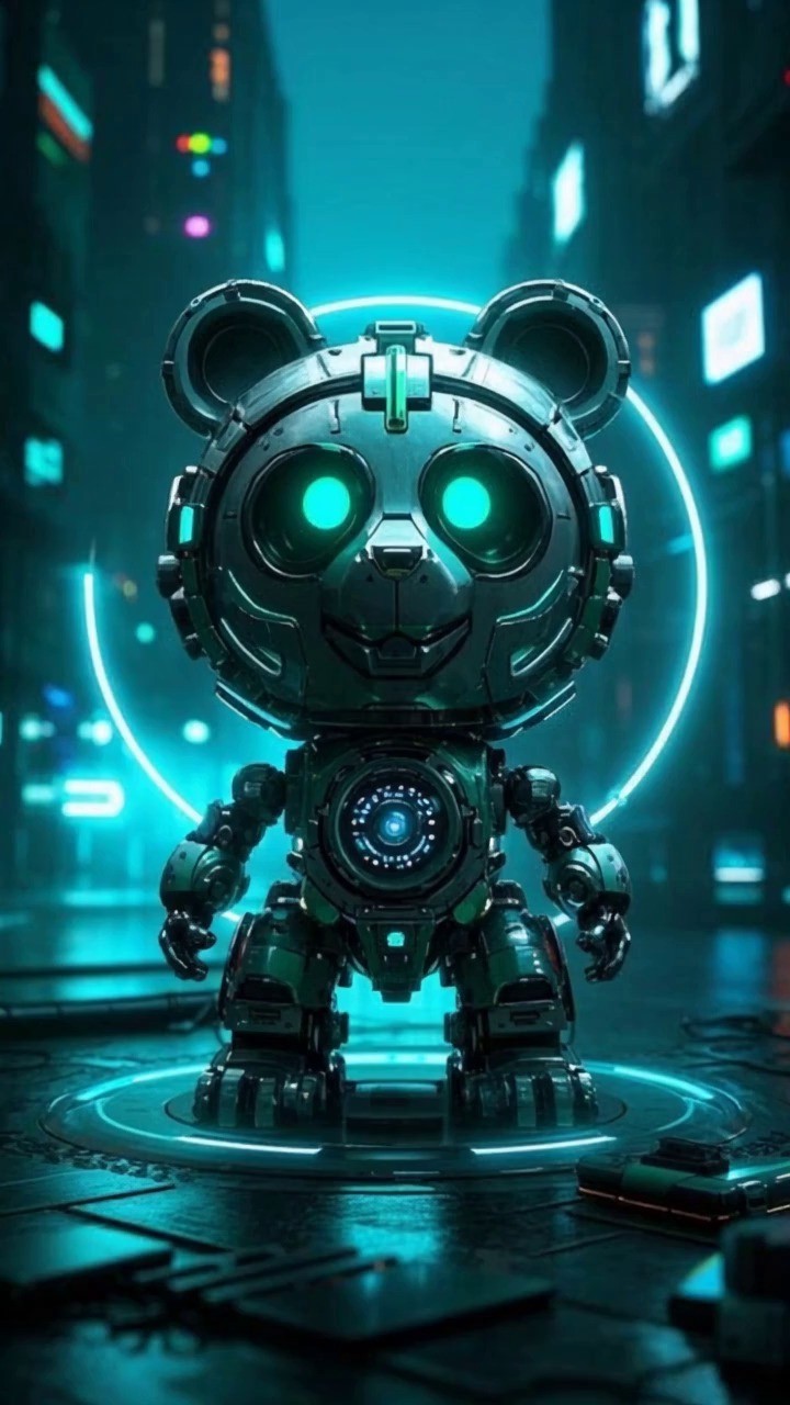 赛博熊猫机器人,未来主义机械结构,金属光泽与蓝黑配色,精密齿轮关节,...