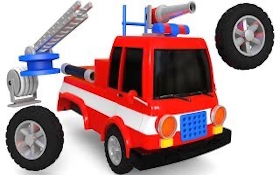 孩子们组装带有童谣的消防车街车 工程车 玩具和颜色
