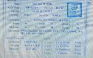 INTEL CORE I3 7100U处理器默频状态下性能参数和CPU-Z测试得分。...