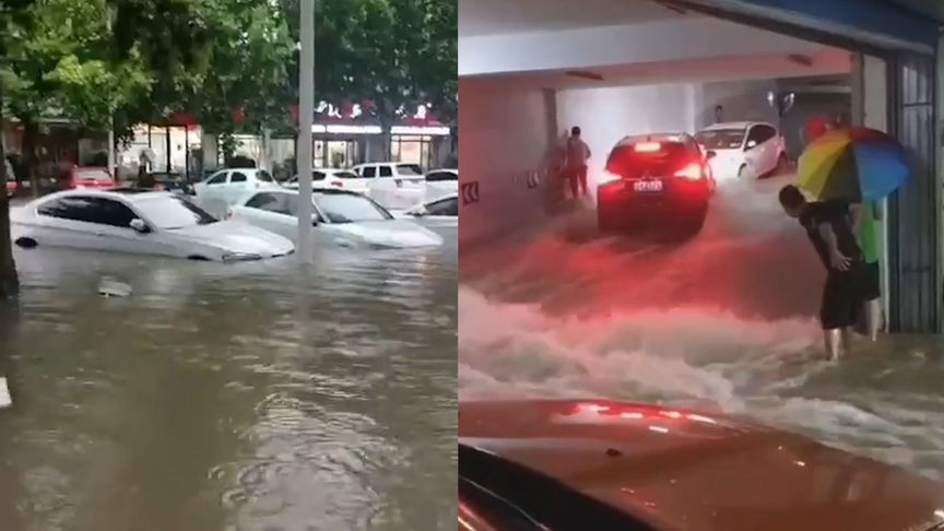 实拍徐州暴雨:雨水倒灌车库 市民激流中前行 有地铁站点临时关闭